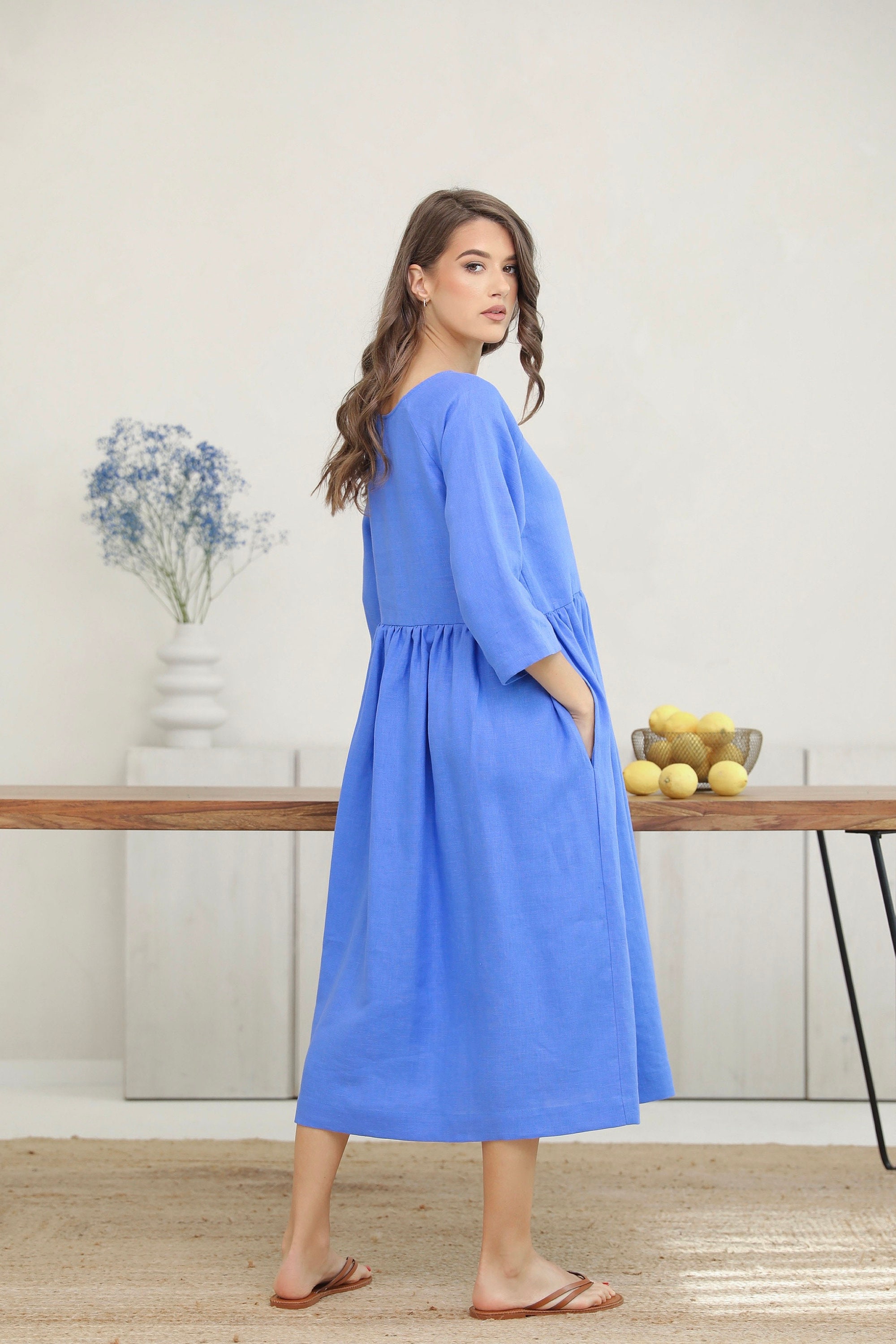 Cornflower Blue Linen Dress, Natural 100 Linen, Summer Dress, Vacation ...