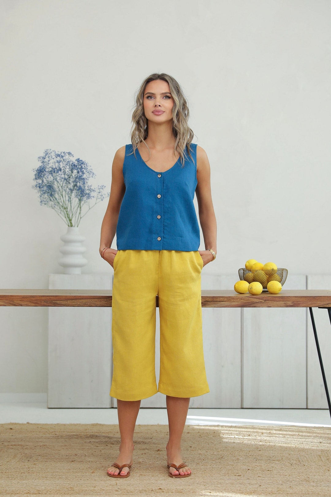 Honey Linen Wide Leg Short Pants, High Waisted Short Pants, High ...
