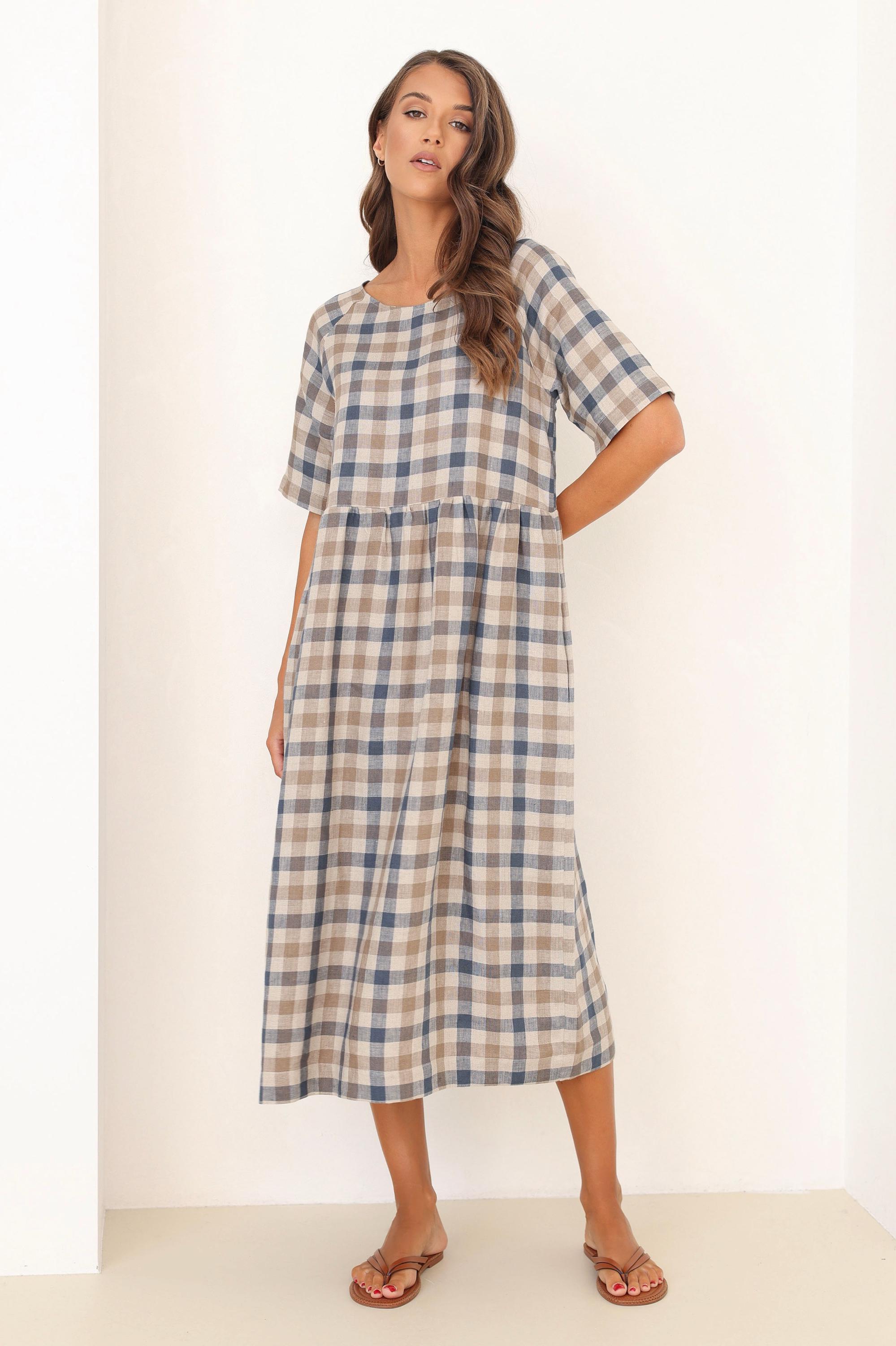 Modest Linen Dress in Blue Brown Gingham, Linen Dress With Pockets ...
