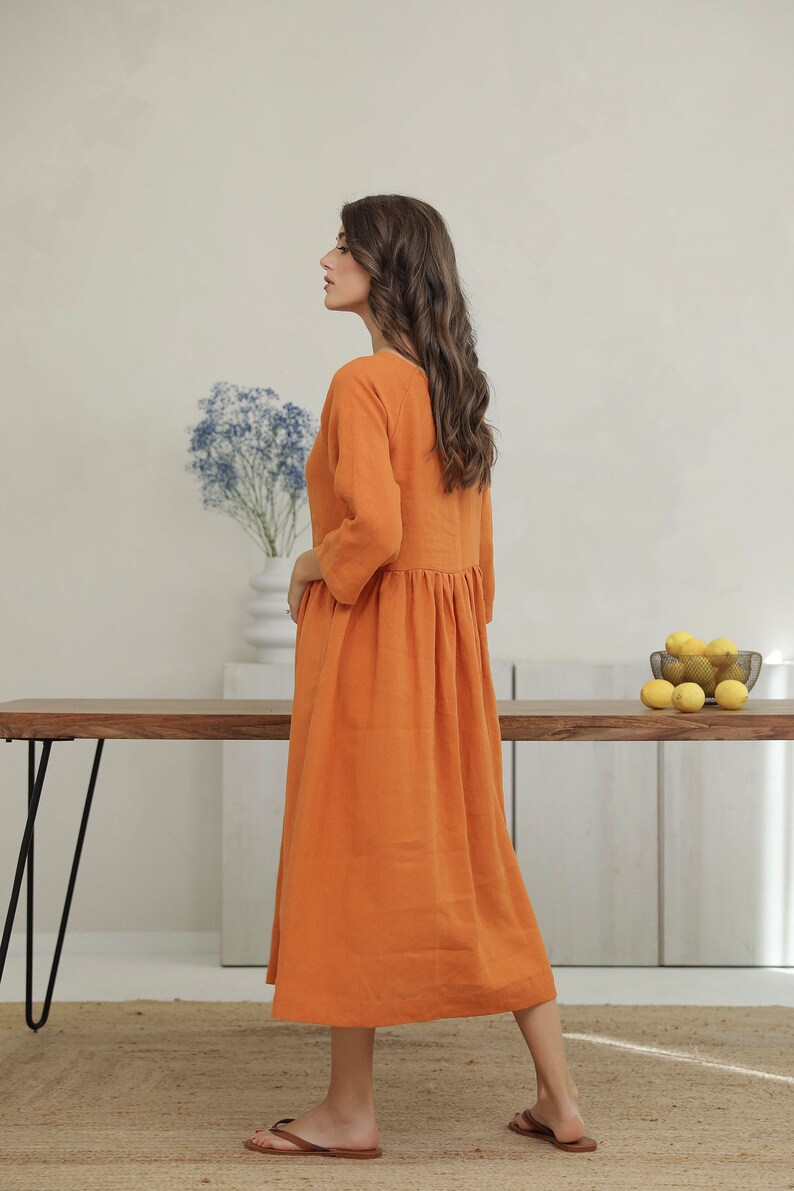 Burnt Orange Linen Dress Natural 100 Linen Summer Dress Vacation