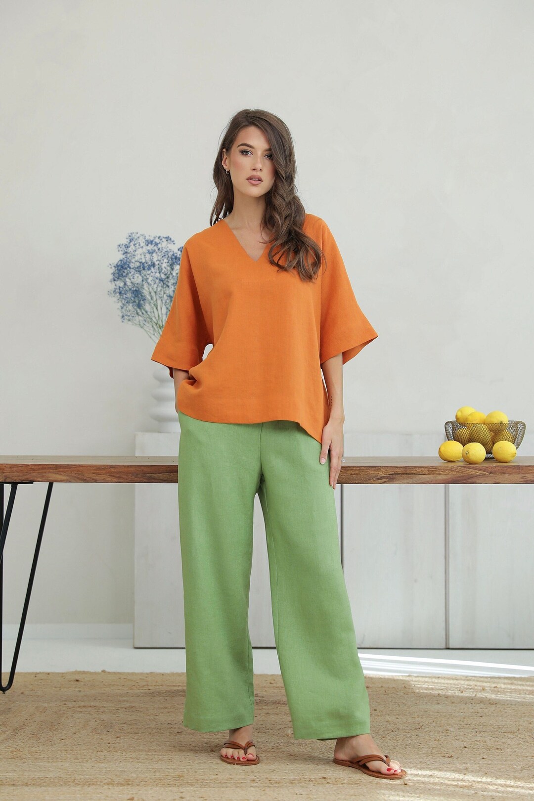 Fern Green Linen Wide Leg Pants, High Waisted Pants, High Waist ...