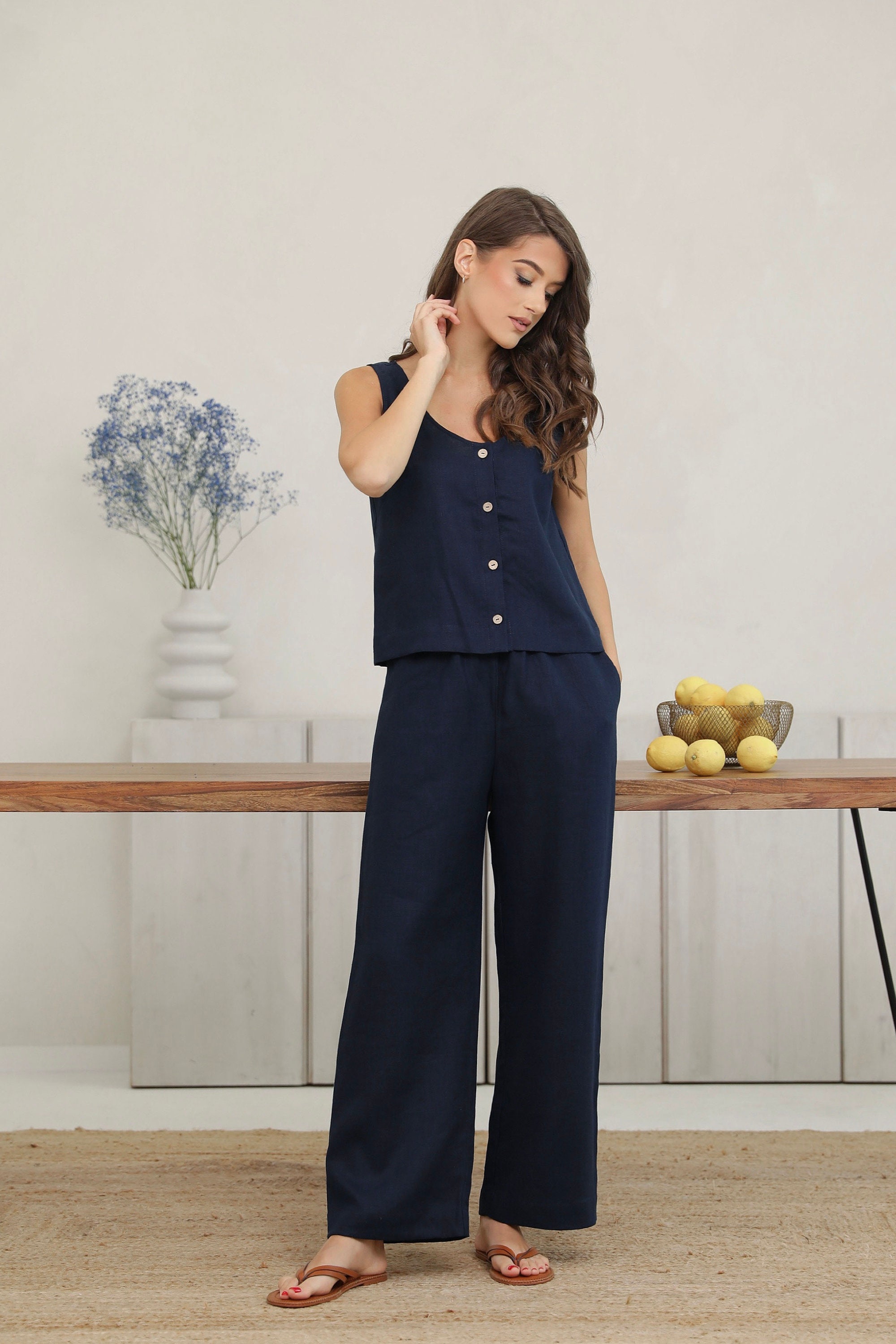Dark Navy Blue Linen Pants, High Waisted Pants, High Waist Trousers ...