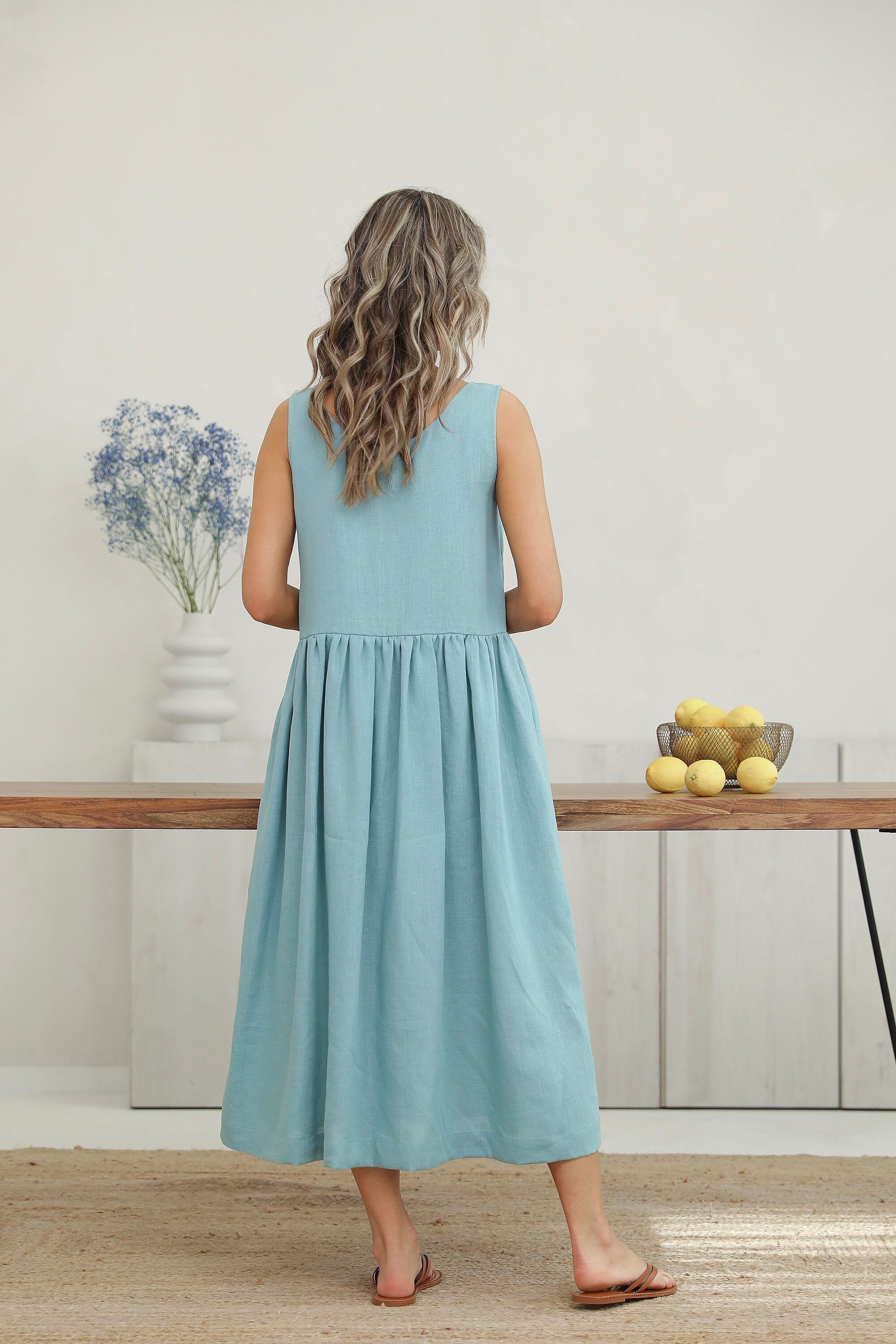 Willow Green Linen Dress, Natural 100 Linen, Summer Dress, Vacation ...