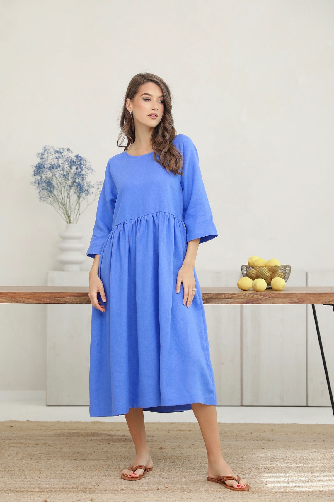 Cornflower Blue Linen Dress, Natural 100 Linen, Summer Dress, Vacation ...