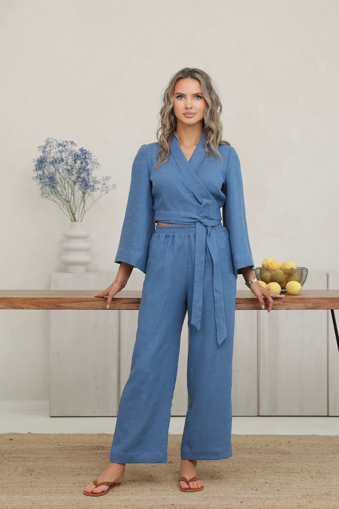 Dark Dusty Blue Linen Pants, High Waisted Pants, High Waist Trousers ...