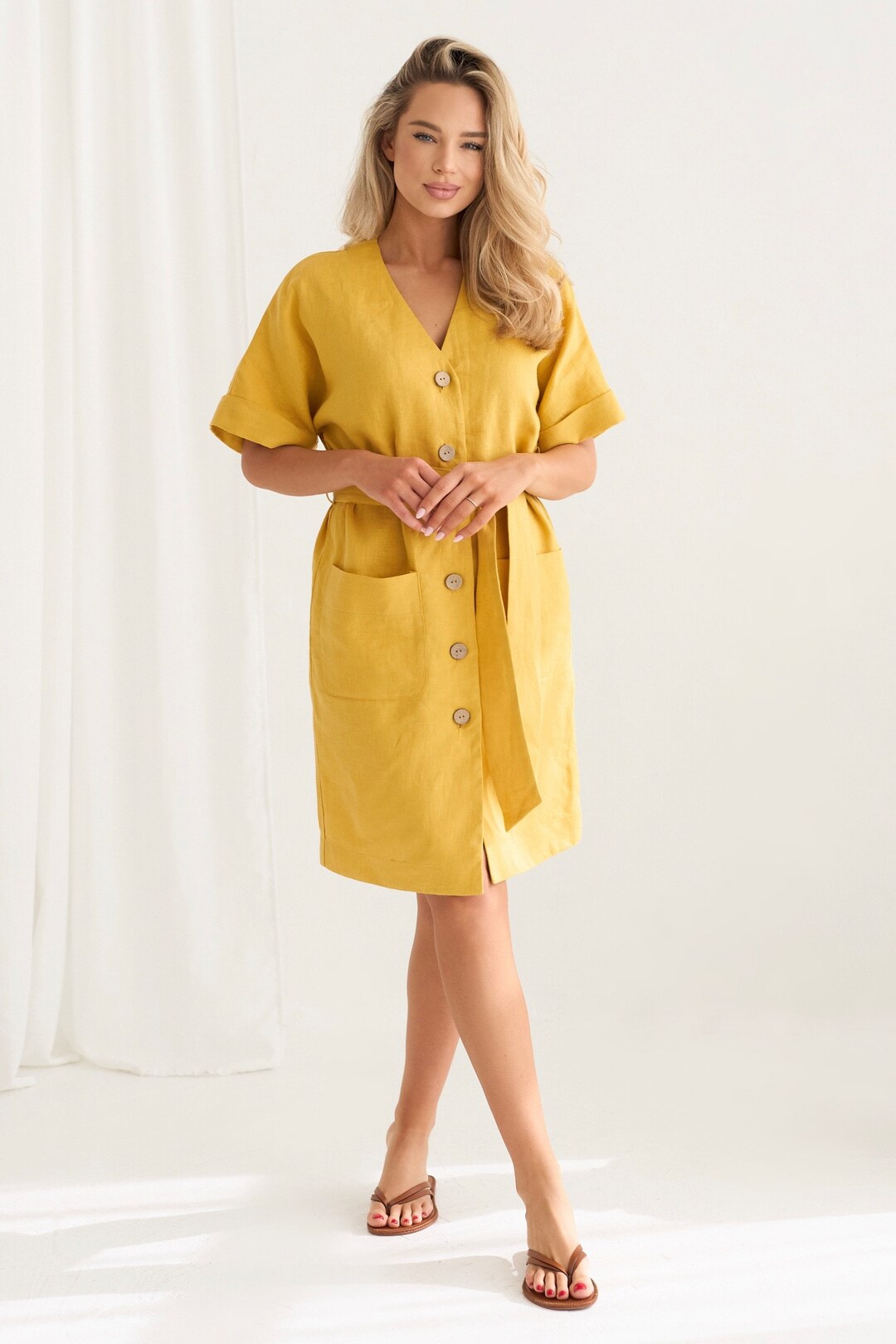 Linen Dress in Honey, Basic Linen Dress With Buttons, Natural 100 Linen ...
