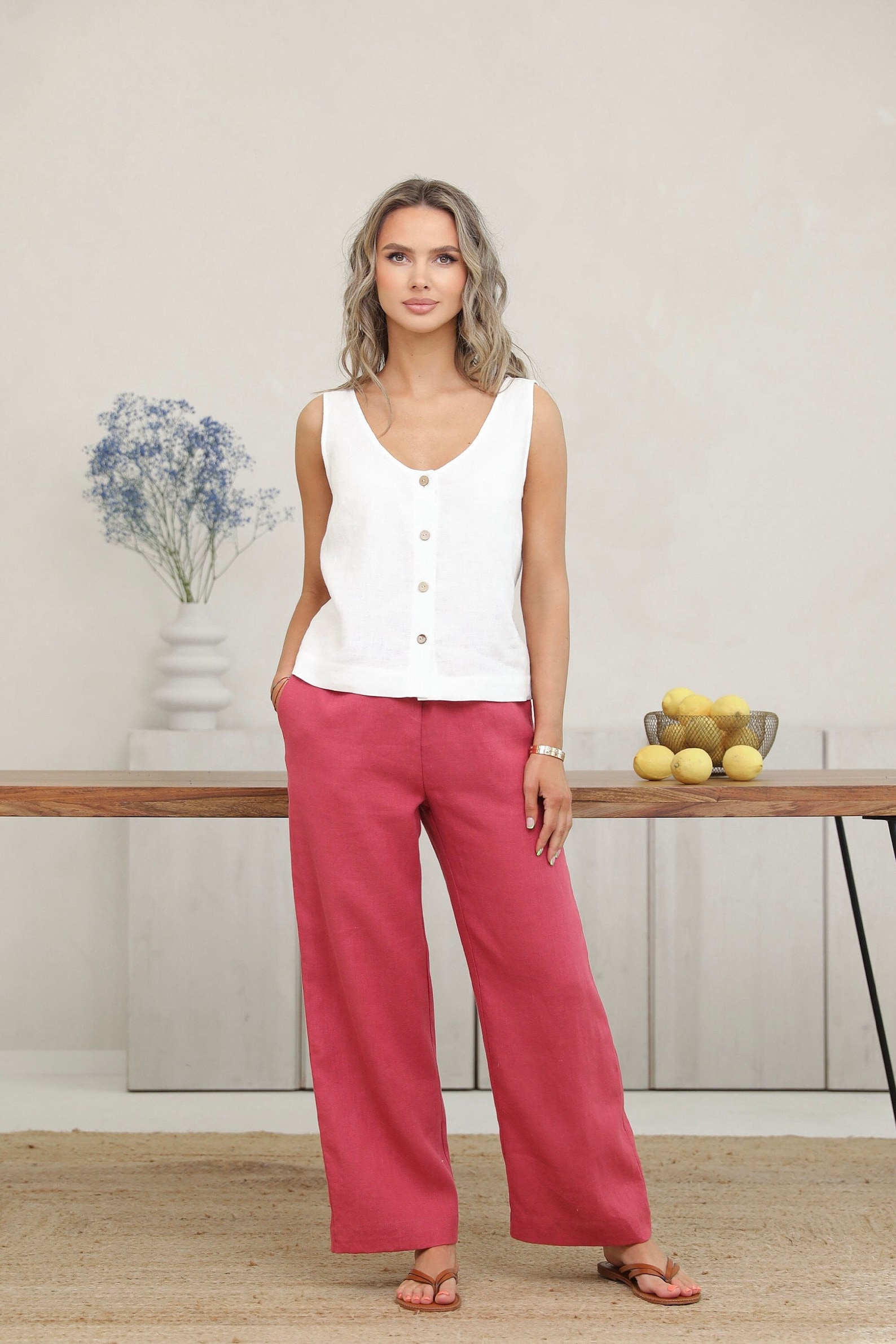 Dusty Red Linen Pants, High Waisted Pants, High Waist Trousers ...