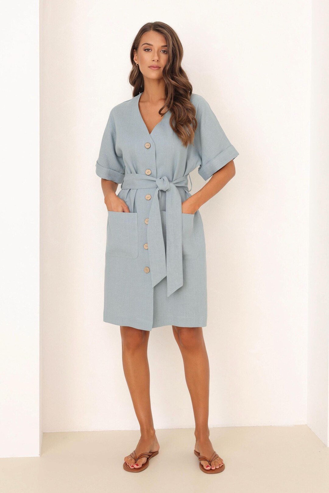 Plain Linen Dress in Willow Green, Basic Linen Dress With Buttons ...