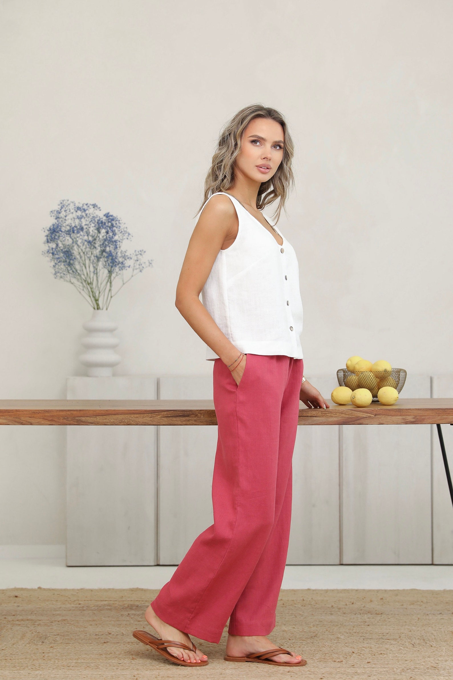 Dusty Red Linen Pants, High Waisted Pants, High Waist Trousers ...