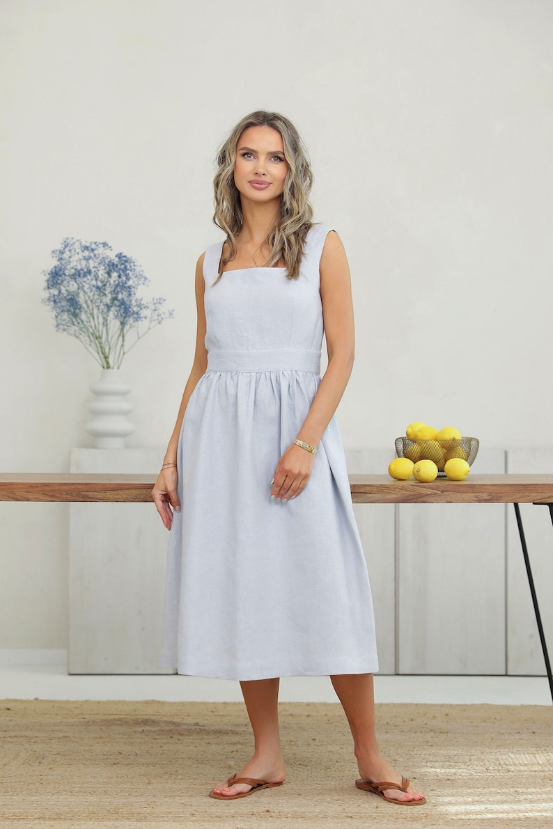 Sky Blue Linen Dress, Natural 100 Linen, Summer Dress, Vacation Dress ...
