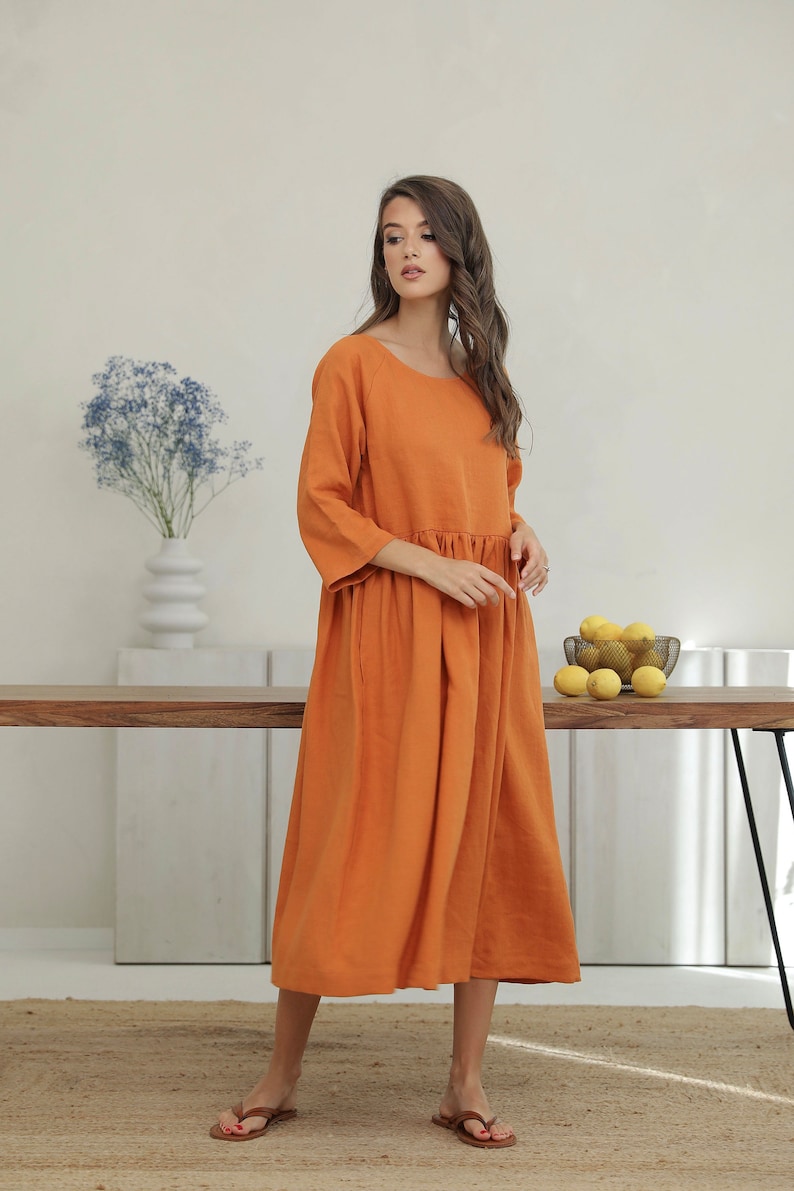 Burnt Orange Linen Dress, Natural 100 Linen, Summer Dress, Vacation ...