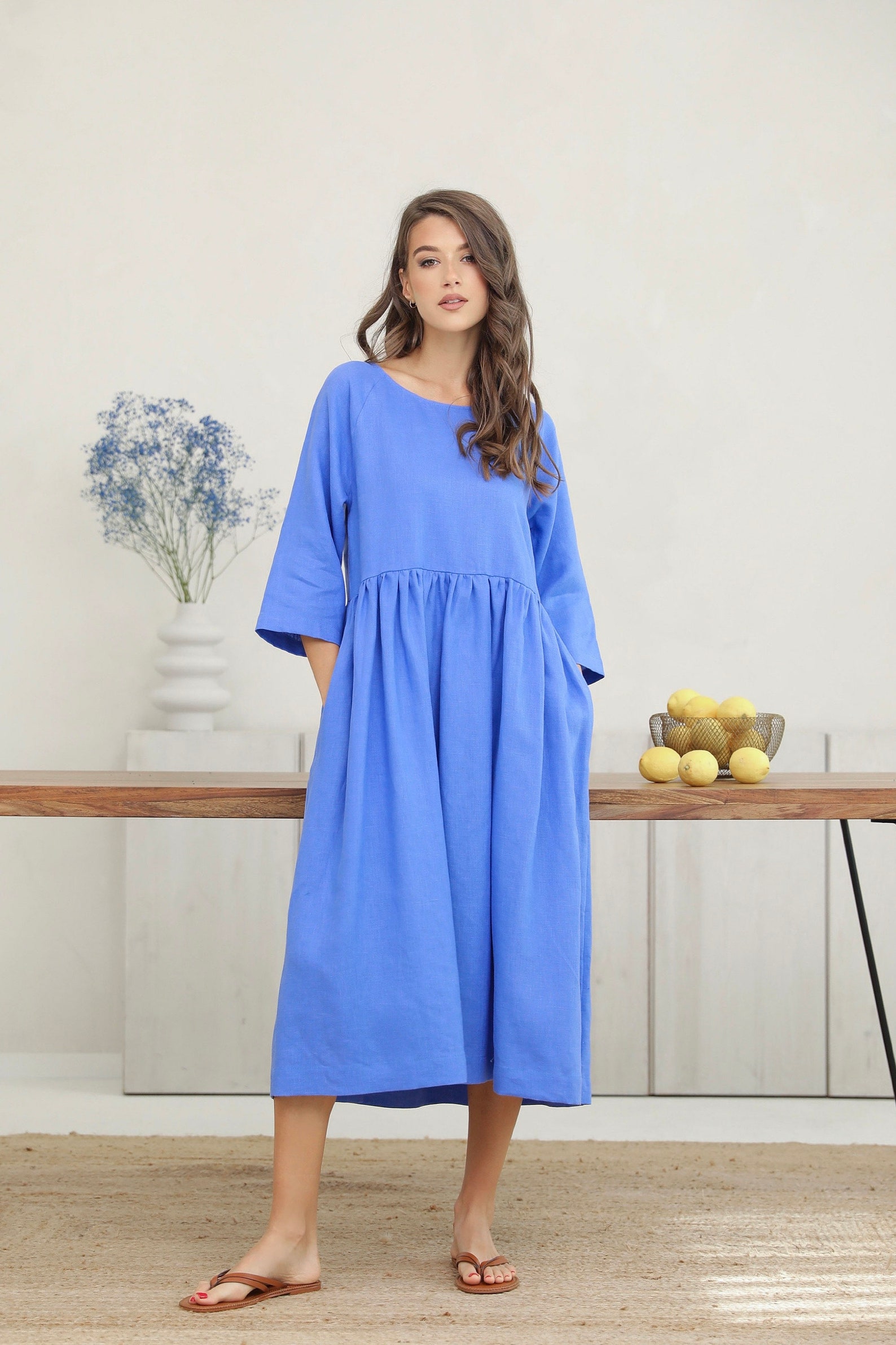 Cornflower Blue Linen Dress, Natural 100 Linen, Summer Dress, Vacation ...
