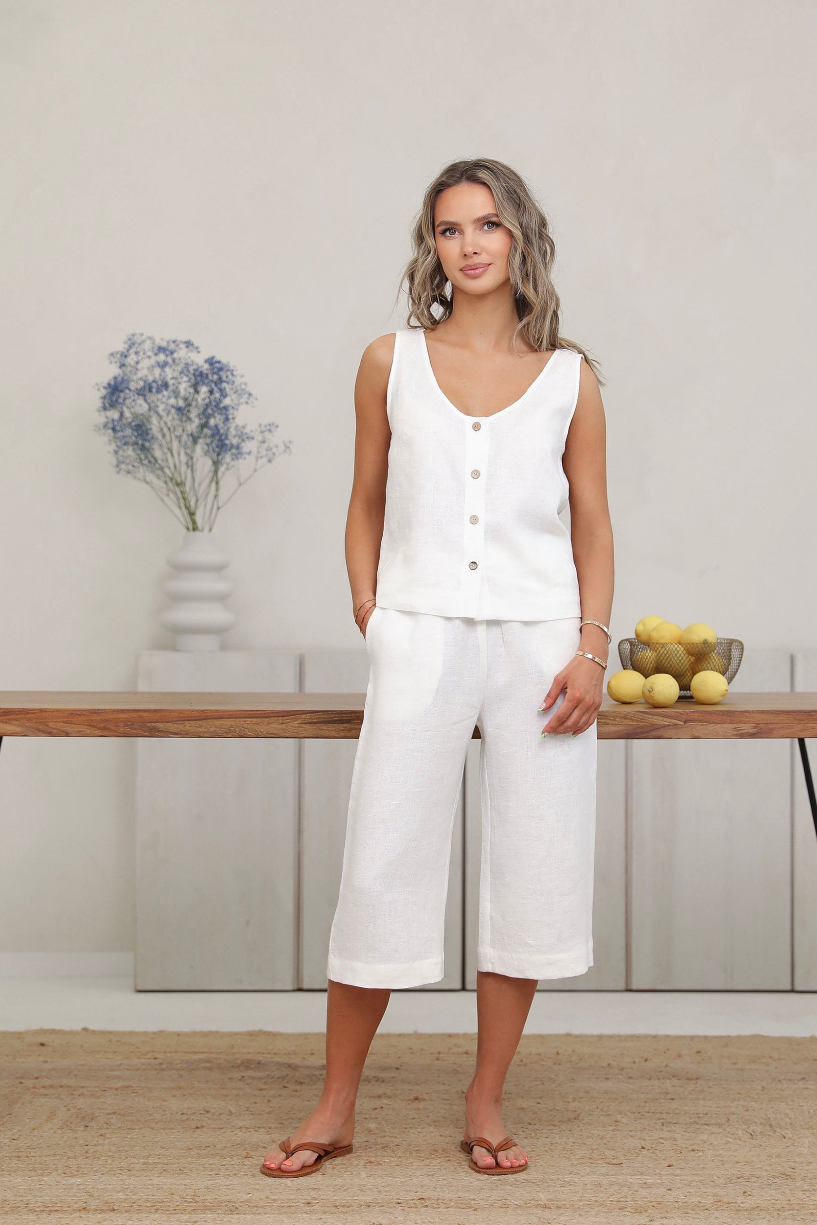 Milk White Capris Linen, Capris Pants, Capris for Women, Capris Women ...