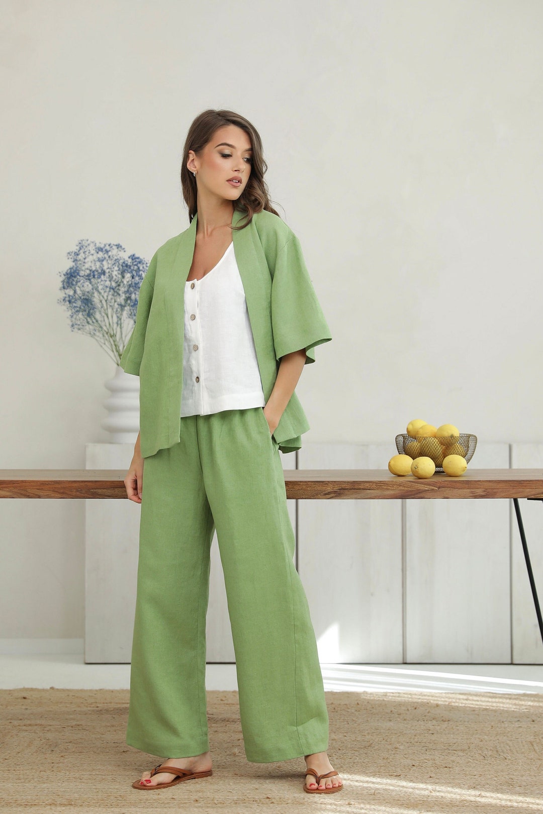 Linen 2 Piece Set Pants and Blazer Set Fern Green Available in 34 ...