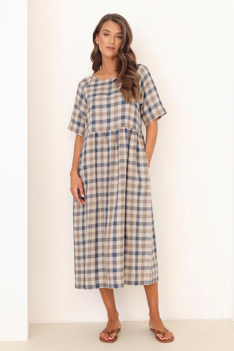 Modest Linen Dress in Blue Brown Gingham, Linen Dress With Pockets ...