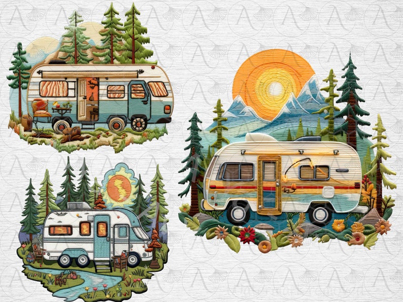 Embroidery Camping Van Clipart: Vintage Camper PNG Bundle (digital ...