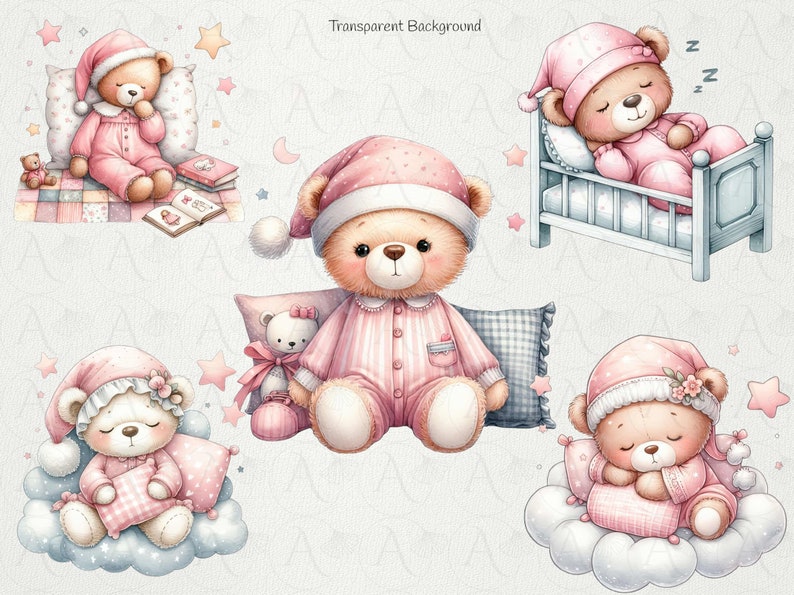 Sleeping Teddy Clipart: Cute Pink Cozy Bera, Baby Shower PNG Bundle ...