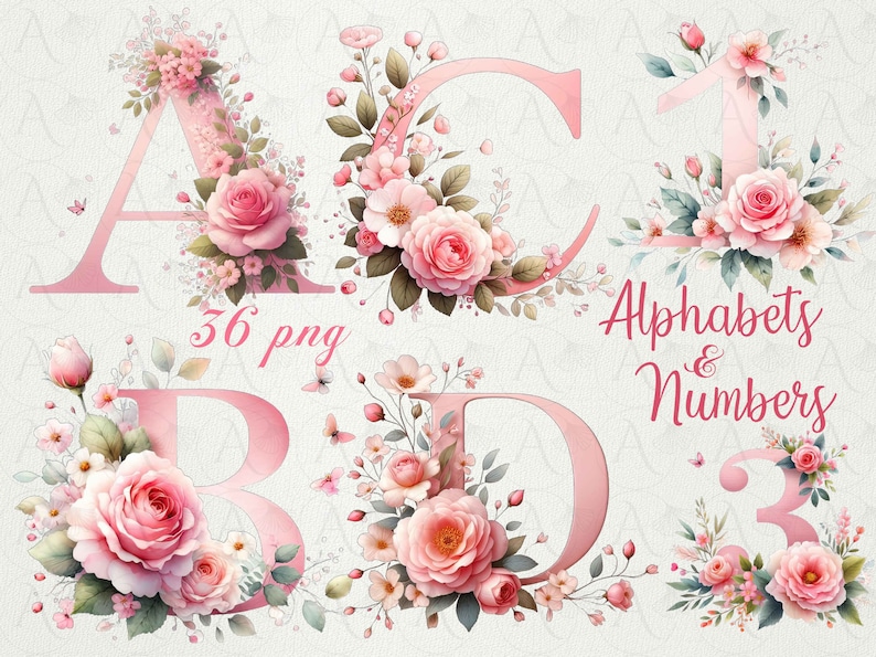 Pink Floral Alphabet Clipart: Watercolor Letters & Numbers (download ...