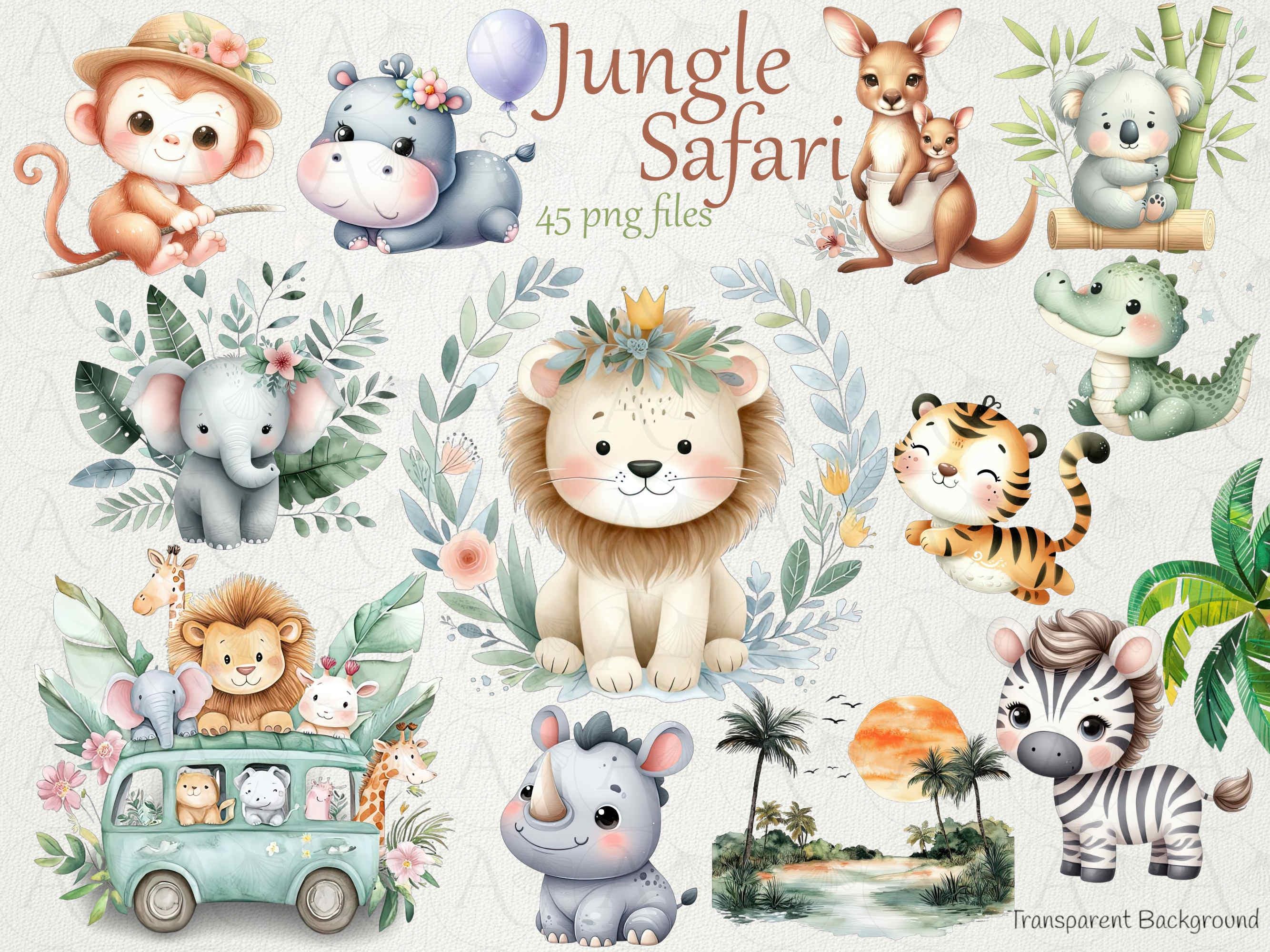 Watercolor Safari Animals Clipart: Jungle Baby Shower PNG (digital ...