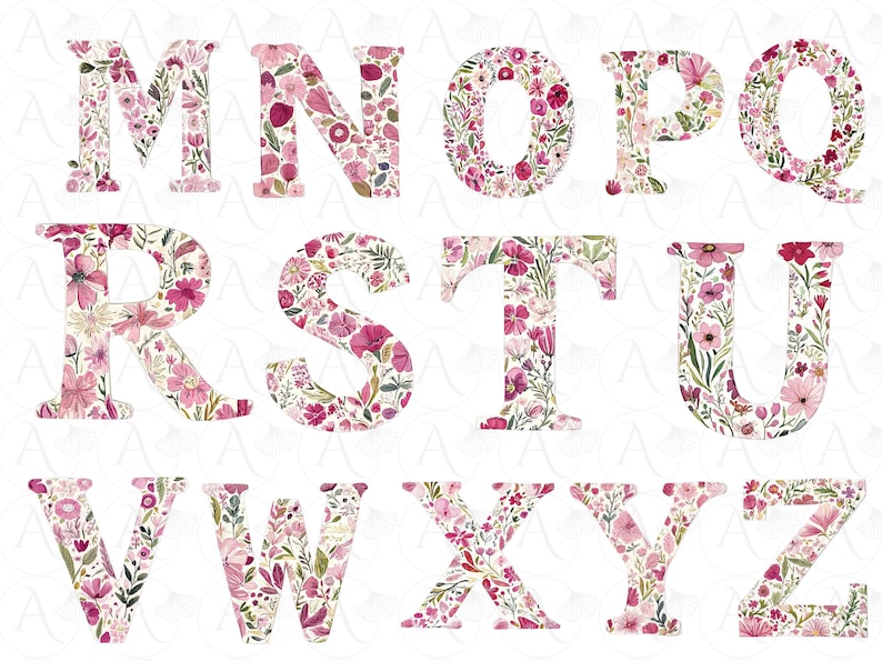 Floral Alphabet Clipart: Pink Flower Letters & Numbers (PNG Digital ...