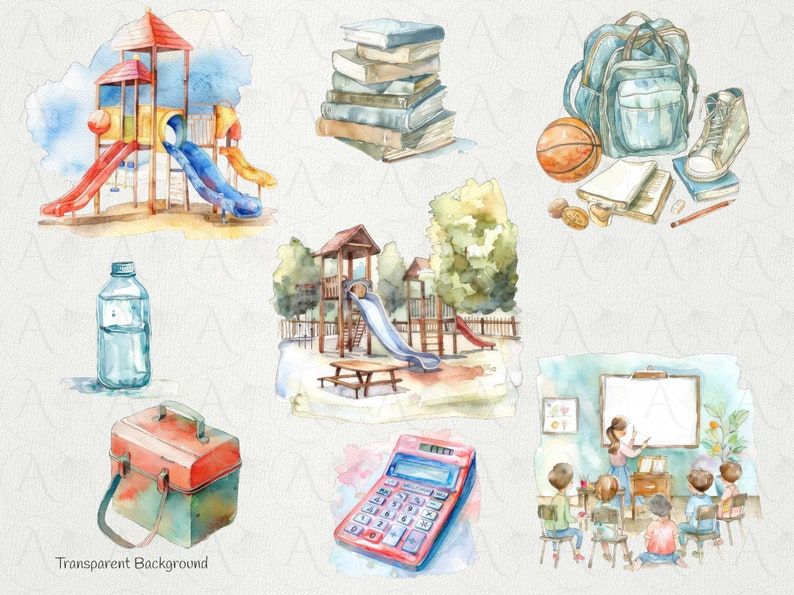 Watercolor School Clipart Set: Back to School Illustrations (digital ...