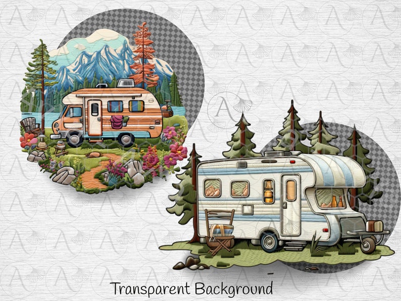 Embroidery Camping Van Clipart: Vintage Camper PNG Bundle (digital ...