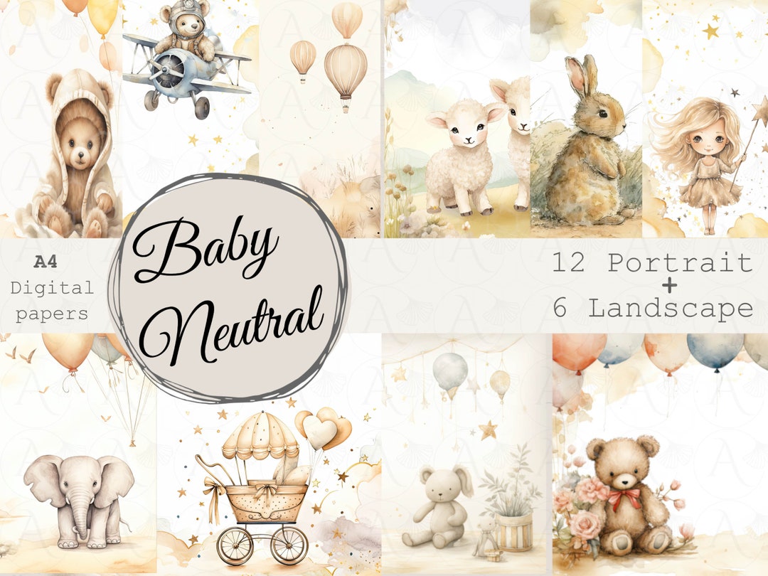Watercolor Baby Digital Paper: Neutral Teddy Bear Designs (A4 Printable ...