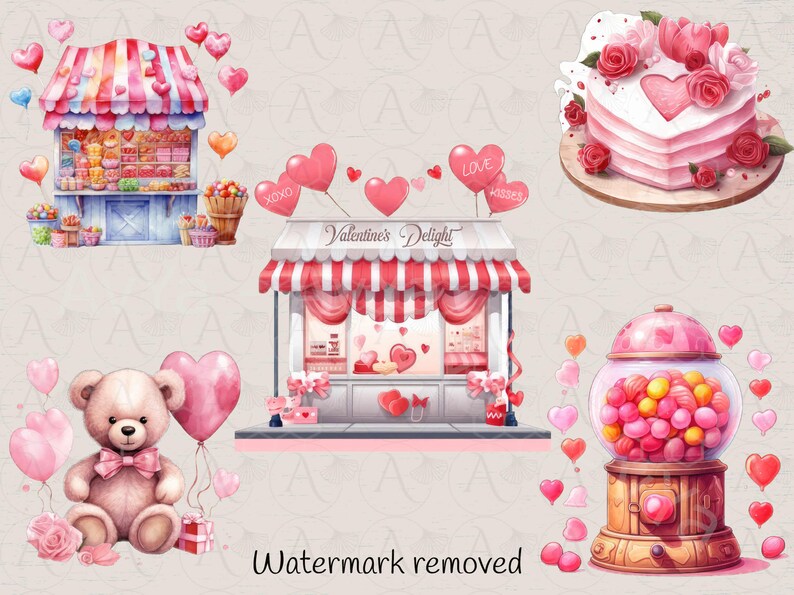 Valentine Candy Shop Clipart, Watercolor Valentines Day Clipart Set ...