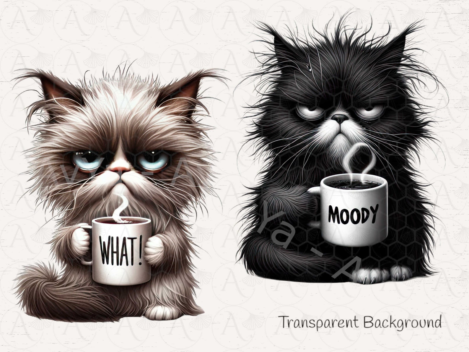 Moody Cat Clipart Bundle 10 Designs, High Resolution, Grumpy Coffee Cat ...