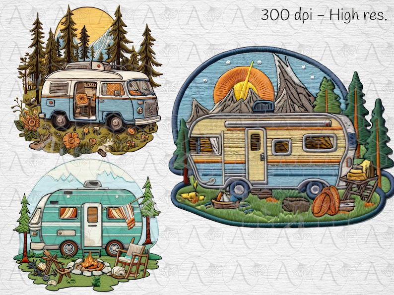 Embroidery Camping Van Clipart: Vintage Camper PNG Bundle (digital ...