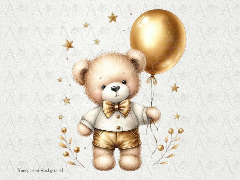 Watercolor Teddy Bear Clipart: Birthday Balloons, Baby Shower (PNG ...