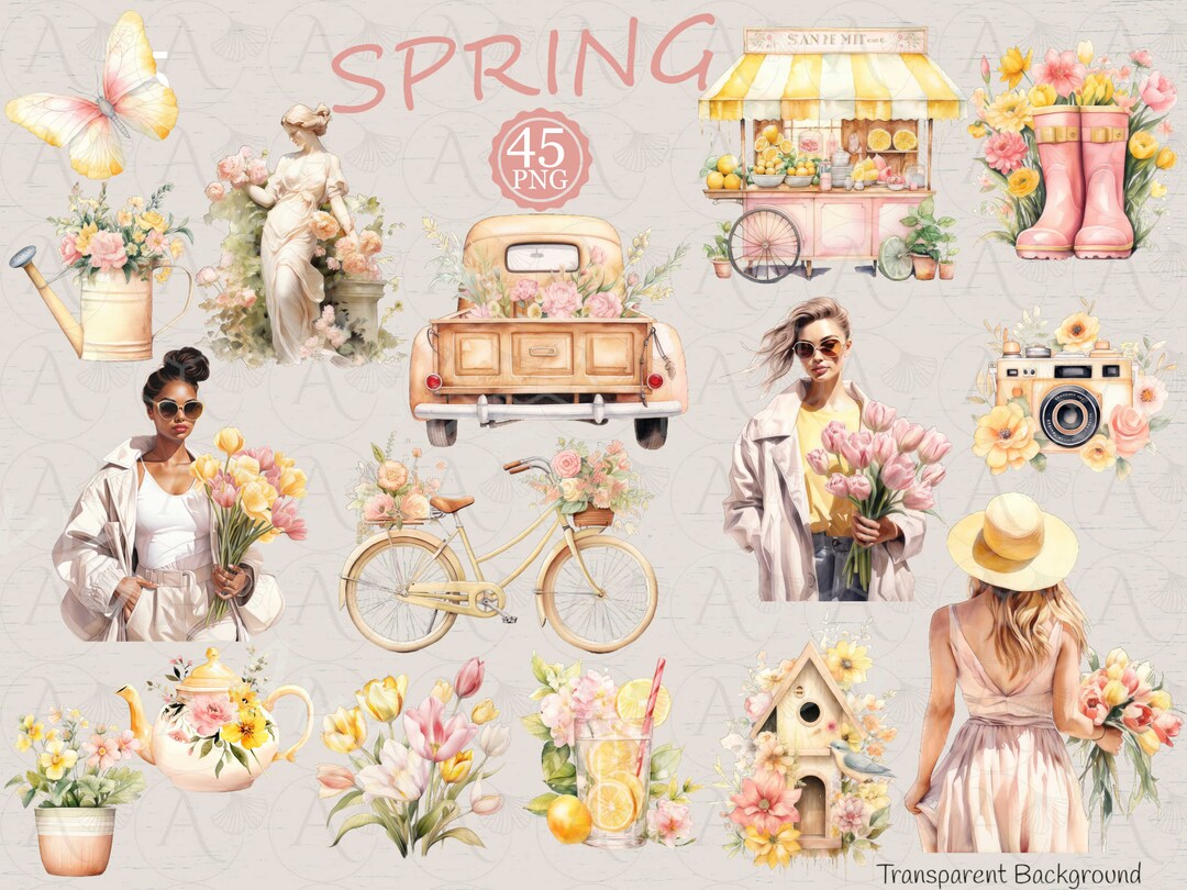 Watercolor Spring Clipart, Cozy Pink Yellow Clip Art Bundle ...