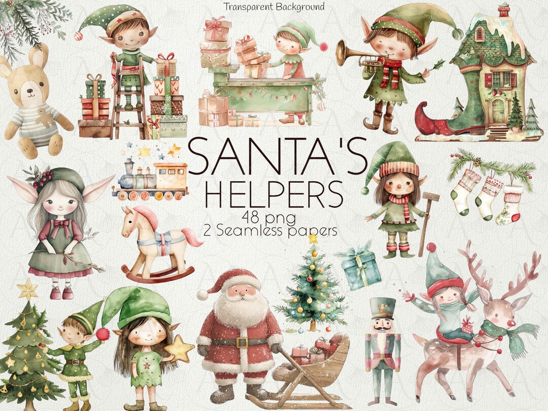 Santas Workshop, Cute Santa's Helpers , Elf Factory Clipart, Christmas ...