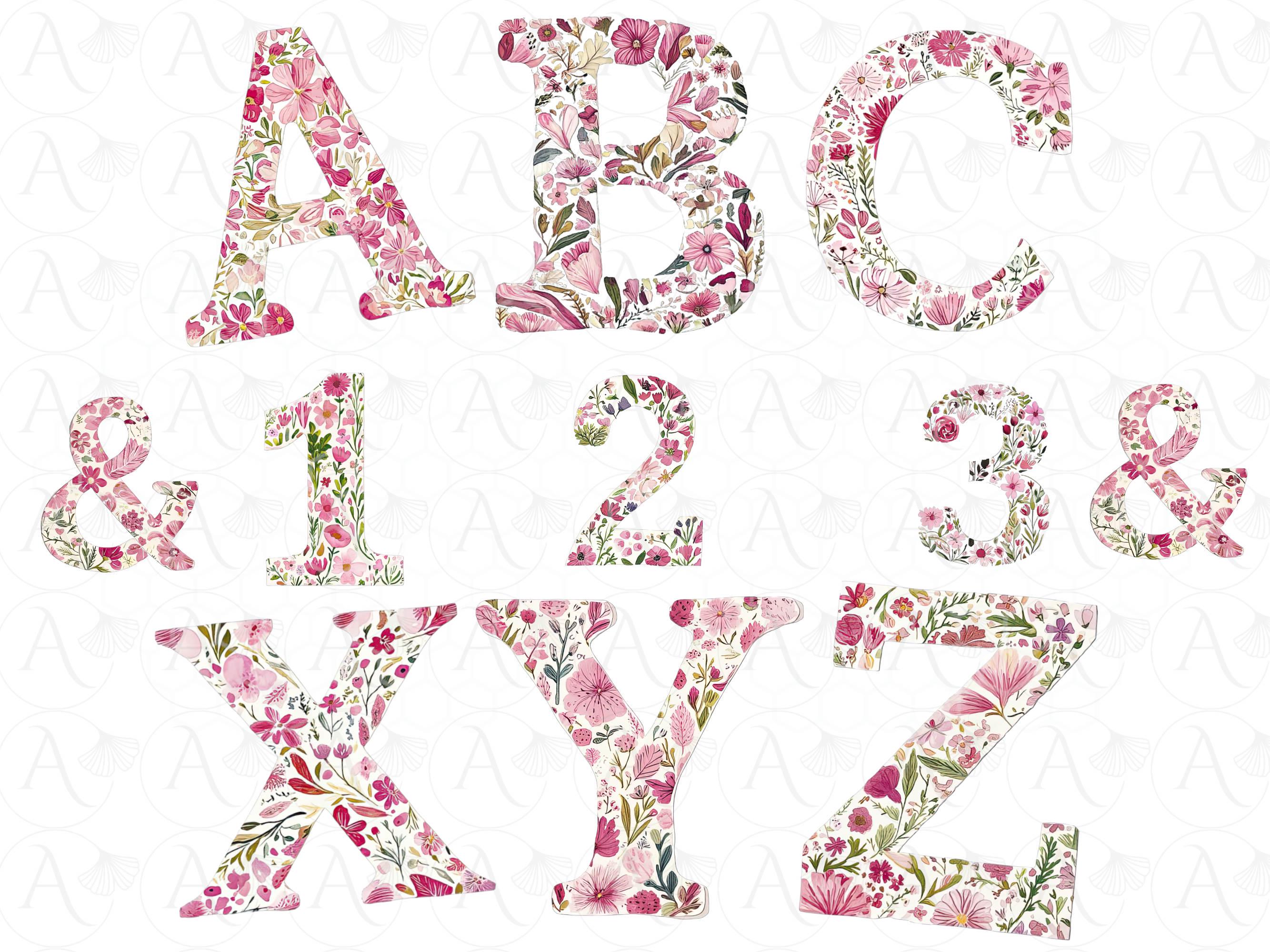 Floral Alphabet Clipart: Pink Flower Letters & Numbers (PNG Digital ...