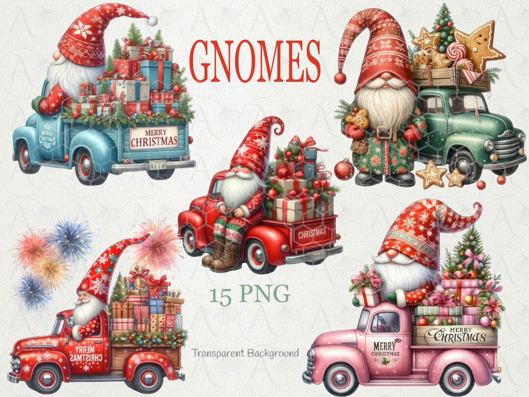 Christmas Gnome Vintage Truck Clipart, Christmas Clipart, Winter Gnome ...