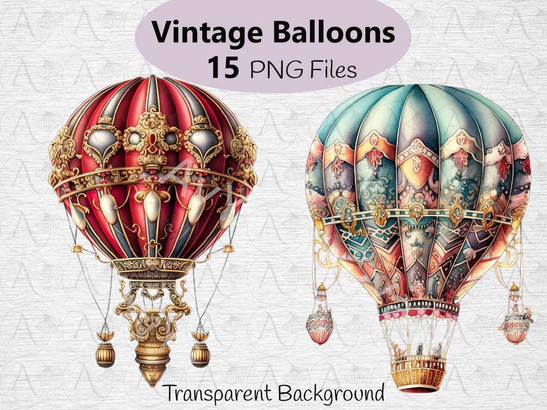 Vintage Hot Air Balloon Clipart: 15 PNG Victorian Graphics (digital ...