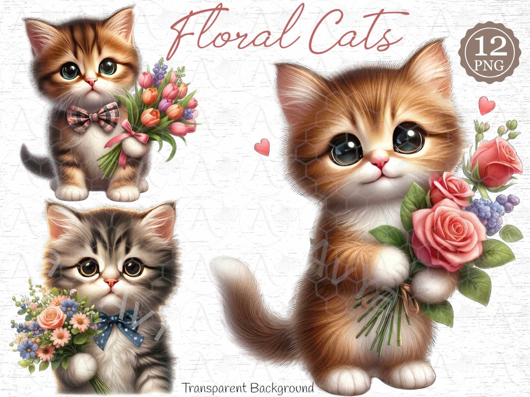 Kitten With Flowers, Cat Clipart, Cute Kitten Graphics ,floral Designs ...