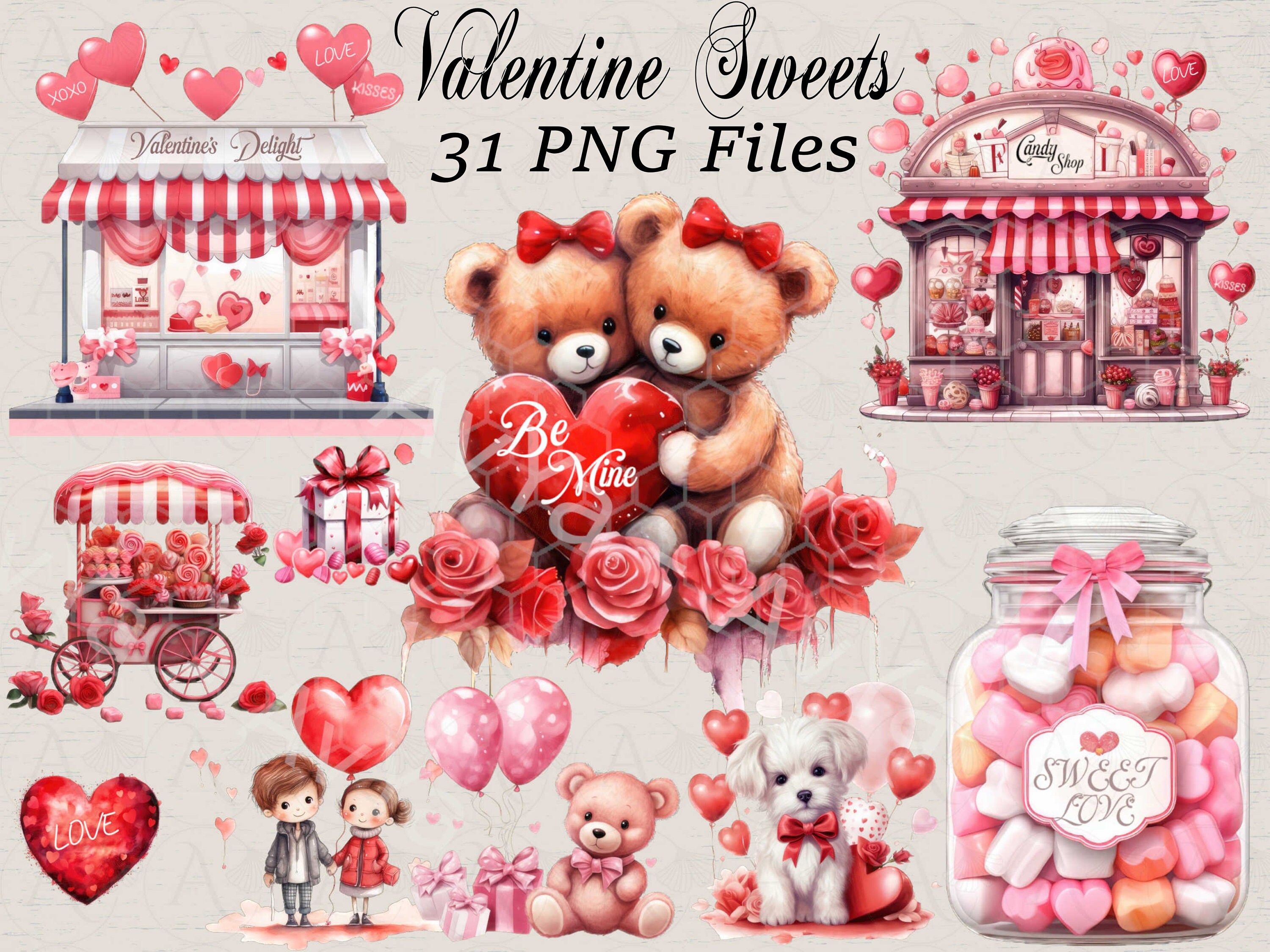 Valentine Candy Shop Clipart, Watercolor Valentines Day Clipart Set ...