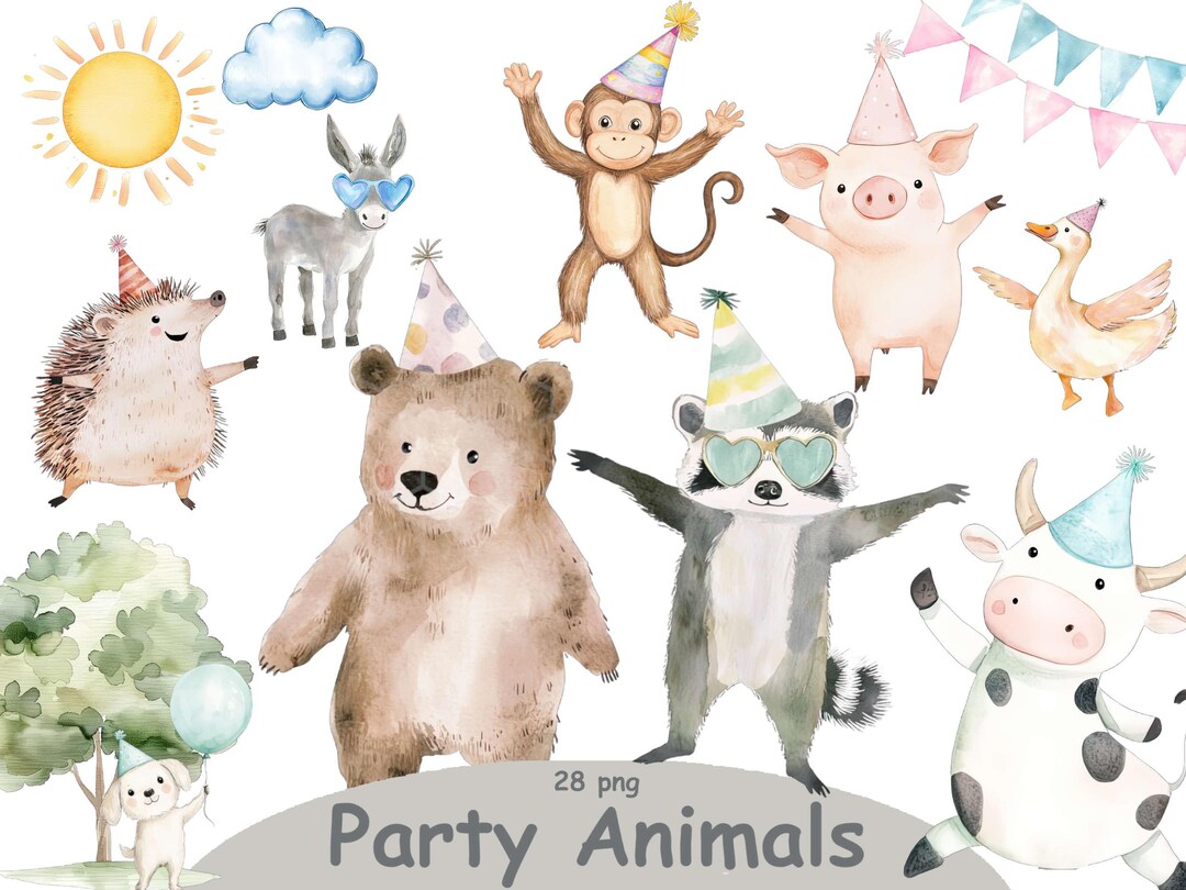Animal Birthday Party Clipart Bundle, Kids Party Clipart Set Watercolor ...