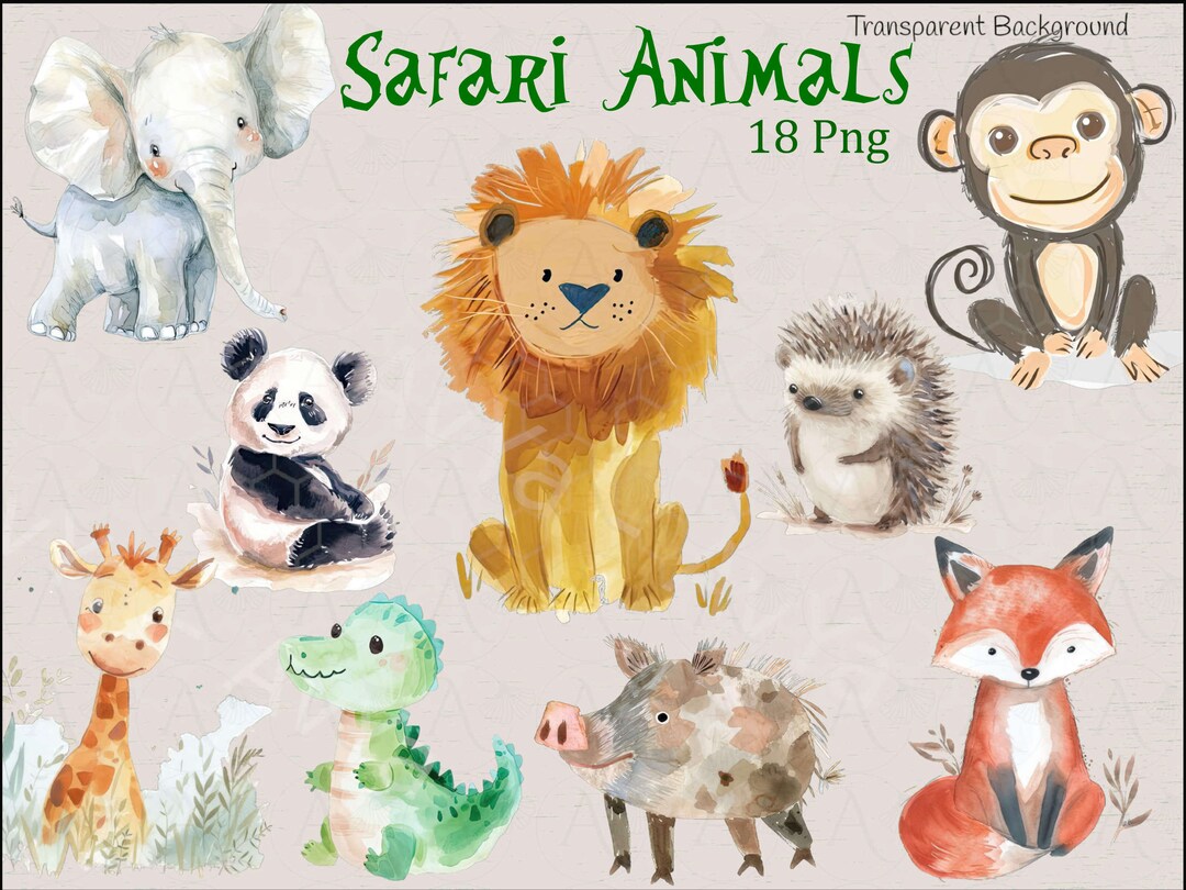Cute Safari Clipart Bundle, Watercolor Safari Tour, Elephant, Hippo ...