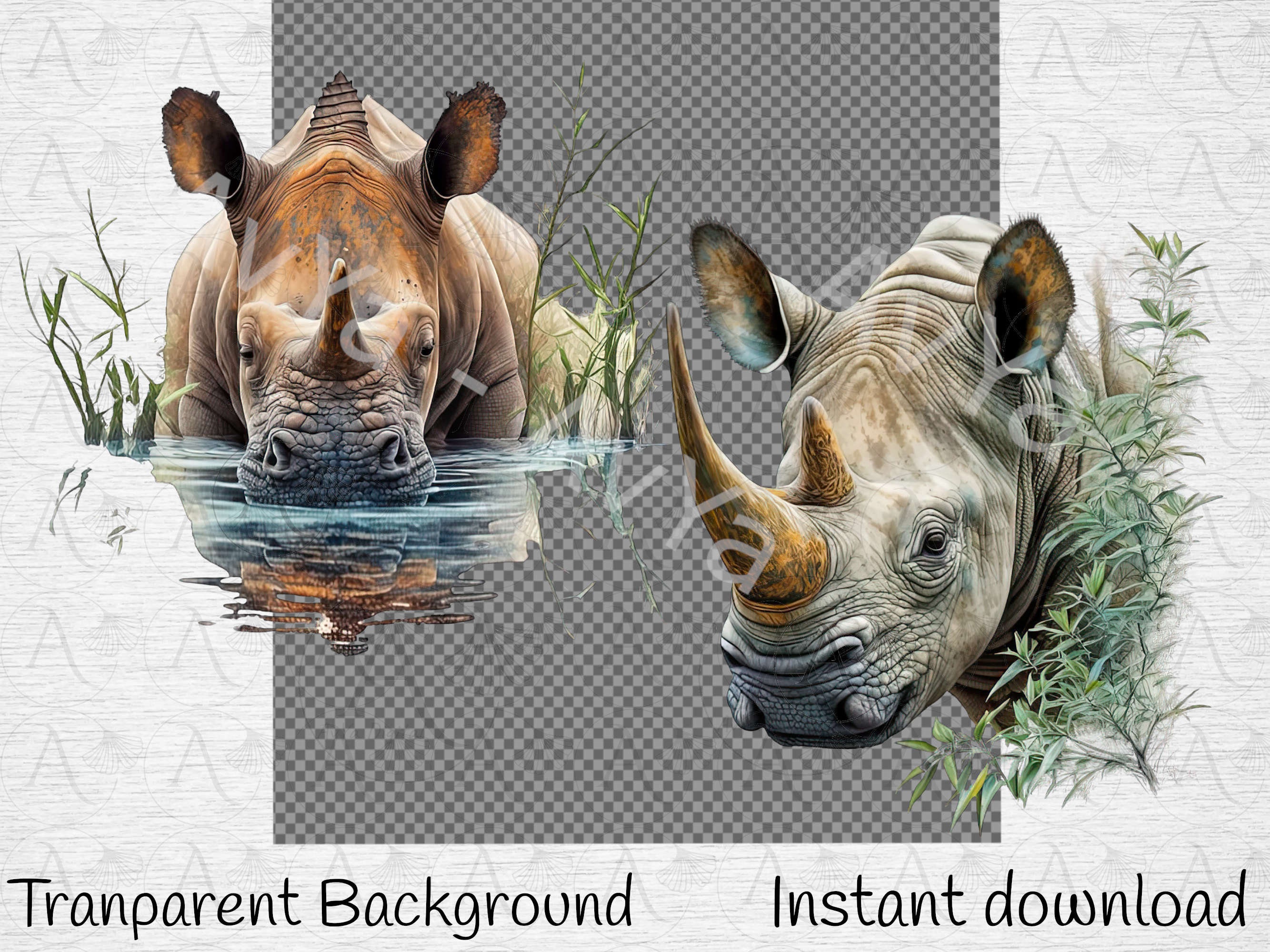 Rhino & Flowers Clipart - 10 PNG Transparent Background for Sublimation ...
