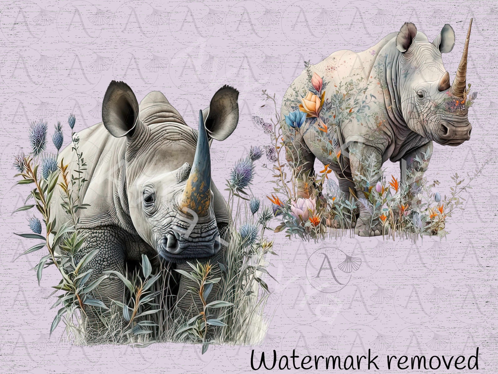Rhino & Flowers Clipart - 10 PNG Transparent Background for Sublimation ...