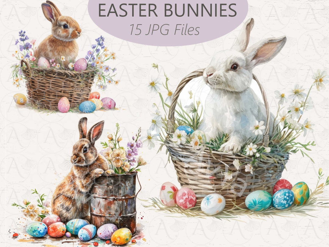 Easter Bunny Clipart -easter Eggs Basket , 15 High Quality Jpgs ...