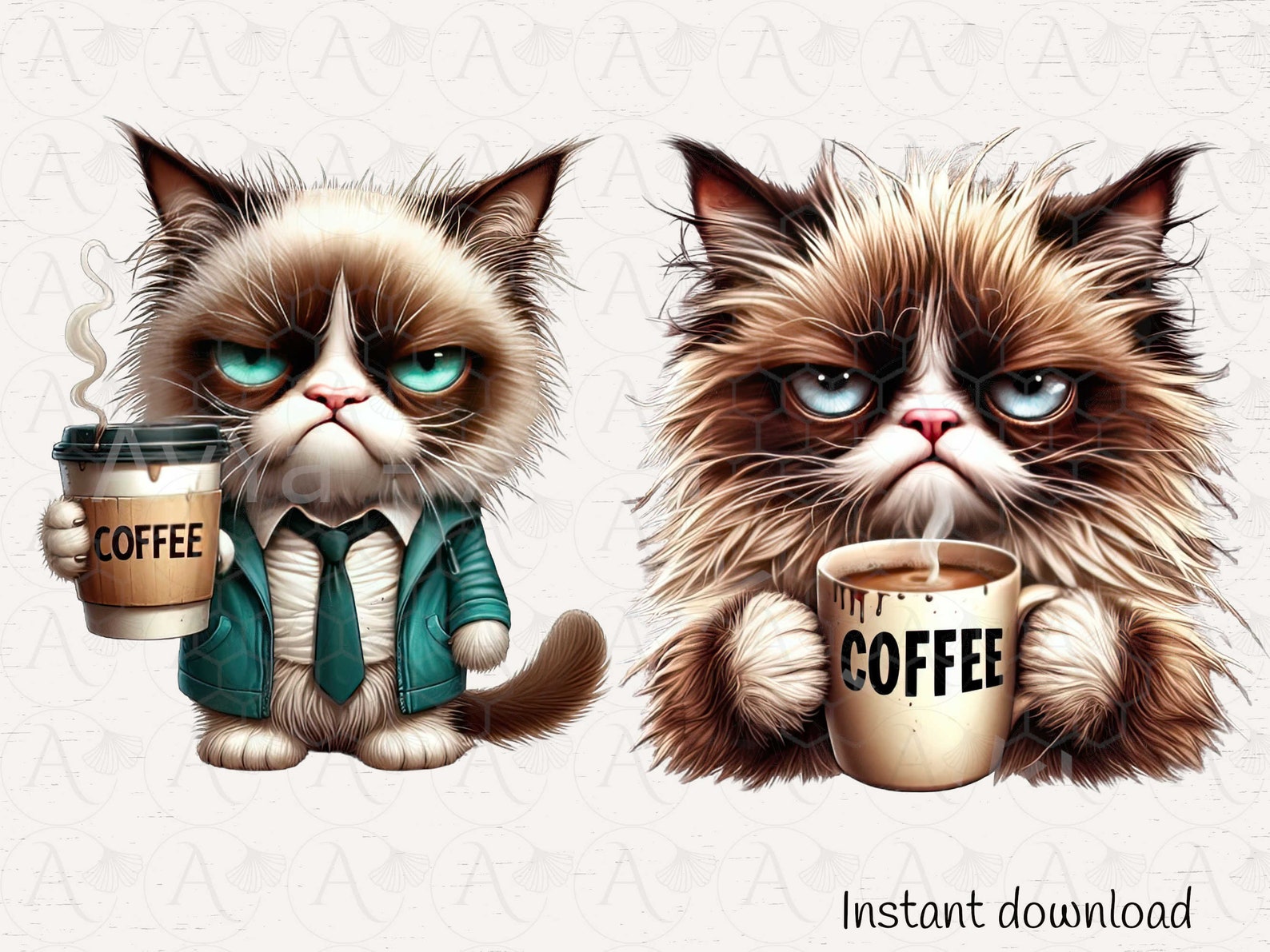 Moody Cat Clipart Bundle 10 Designs, High Resolution, Grumpy Coffee Cat ...