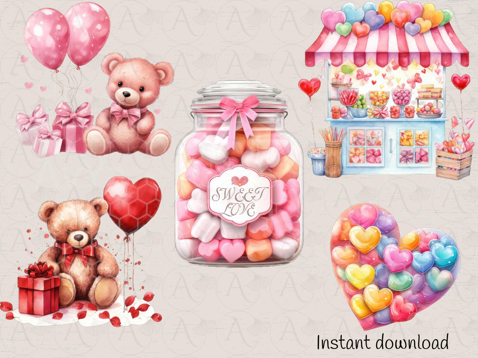 Valentine Candy Shop Clipart, Watercolor Valentines Day Clipart Set ...