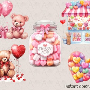 Valentine Candy Shop Clipart, Watercolor Valentines Day Clipart Set ...