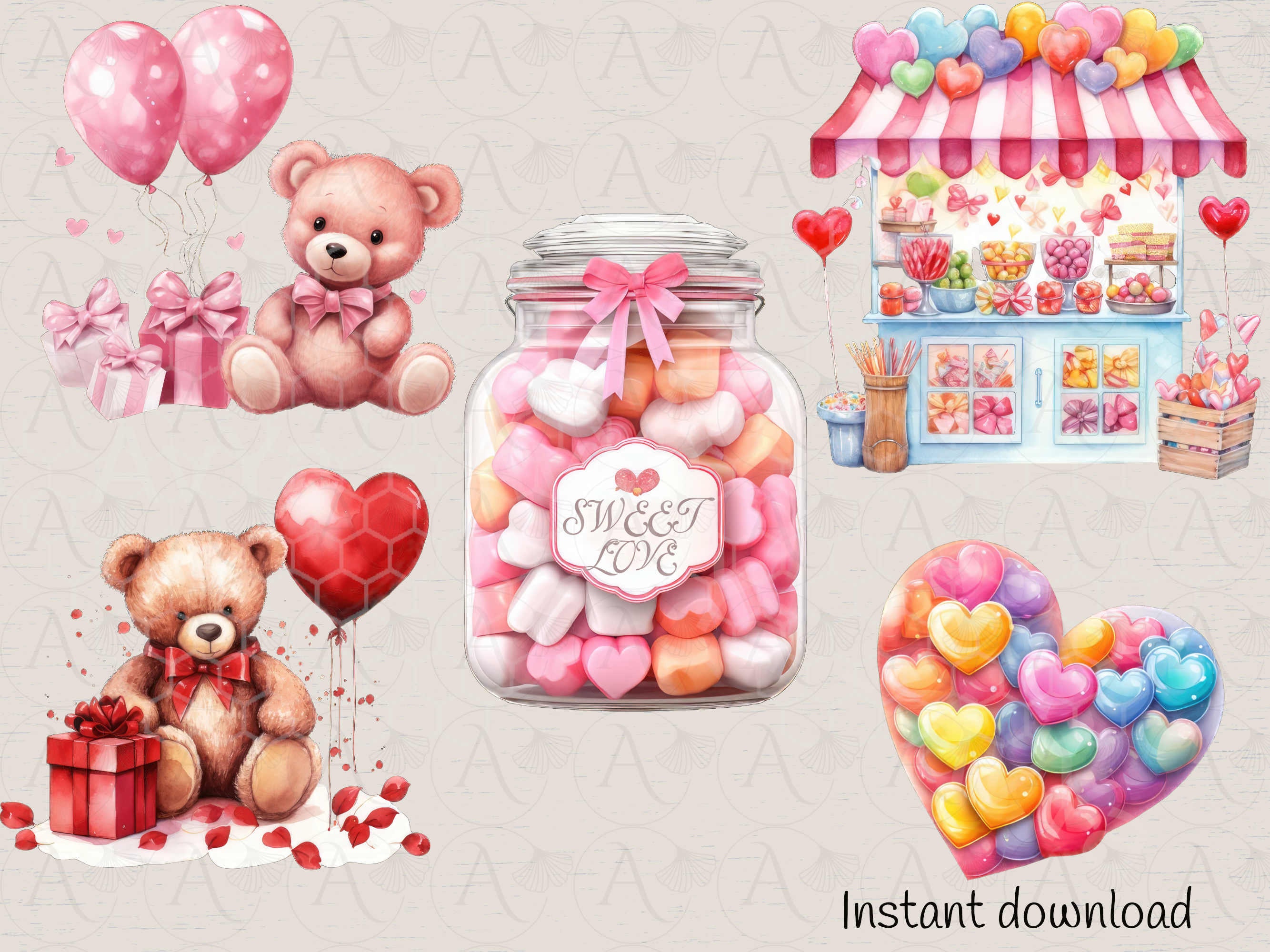 Valentine Candy Shop Clipart, Watercolor Valentines Day Clipart Set ...