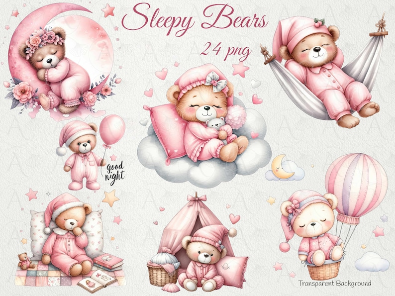 Sleeping Teddy Clipart: Cute Pink Cozy Bera, Baby Shower PNG Bundle ...