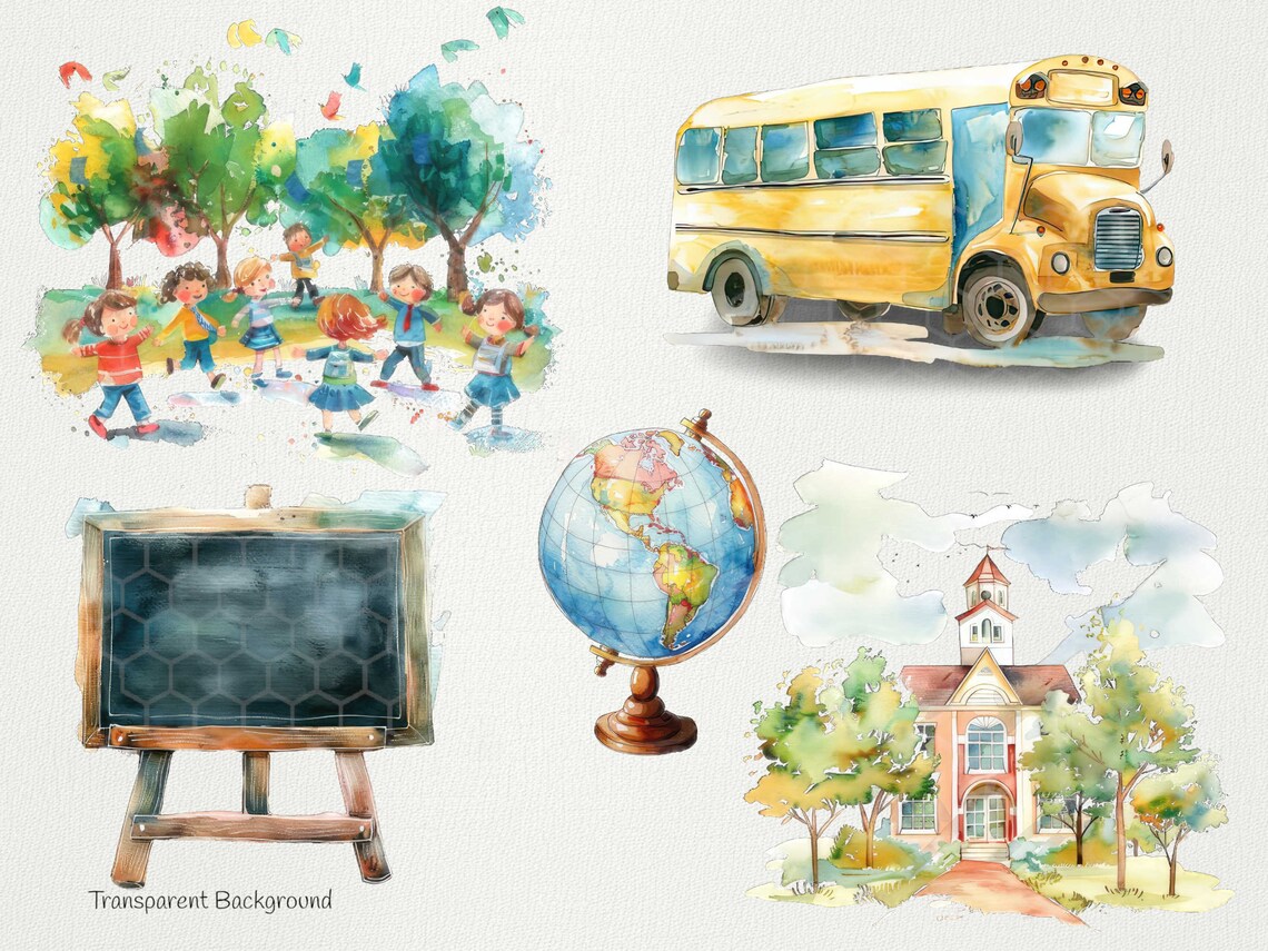 Watercolor School Clipart Set: Back to School Illustrations (digital ...
