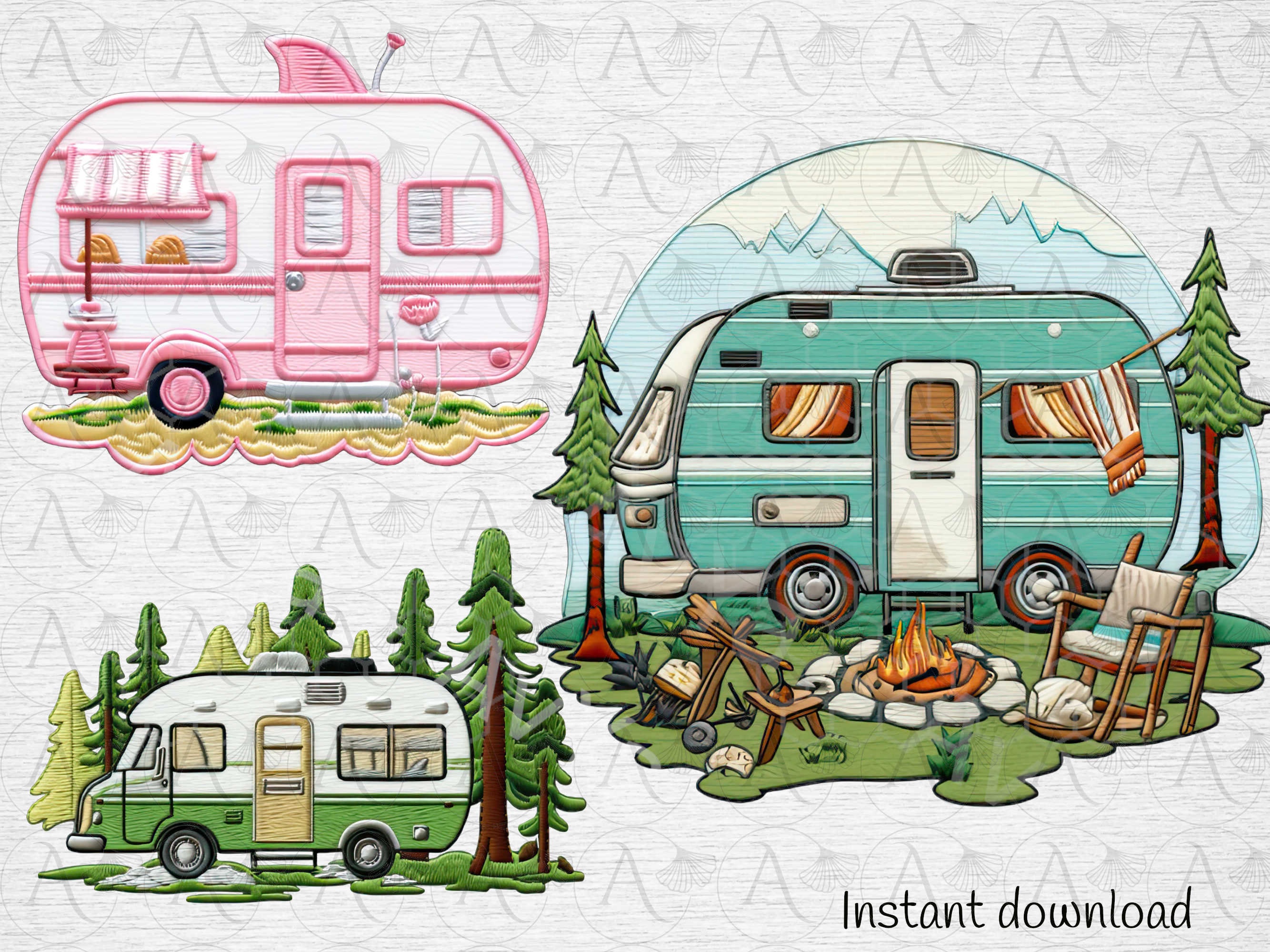 Embroidery Camping Van Clipart: Vintage Camper PNG Bundle (digital ...
